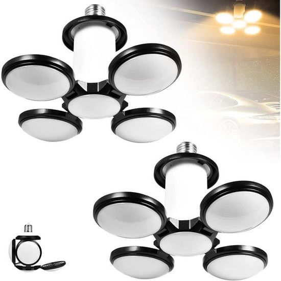 2 Pack Éclairage Garage, 60W E26-E27 4800LM Éclairage de Garage Plafonnier LED avec 4 Panneaux ...