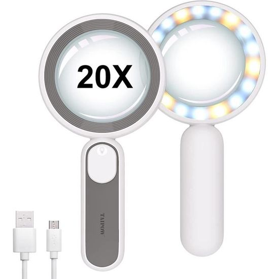 Taipow 20X Loupe de Lecture, Loupe Eclairante avec 21 LED en 3 Modes, Loupe Grossissante à Main ...