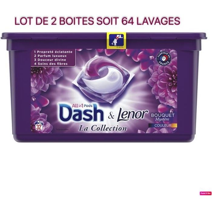 LOT DE 2 LESSIVES Dash 3en1 Pods Capsules Bouquet mystère & Lenor soit ...