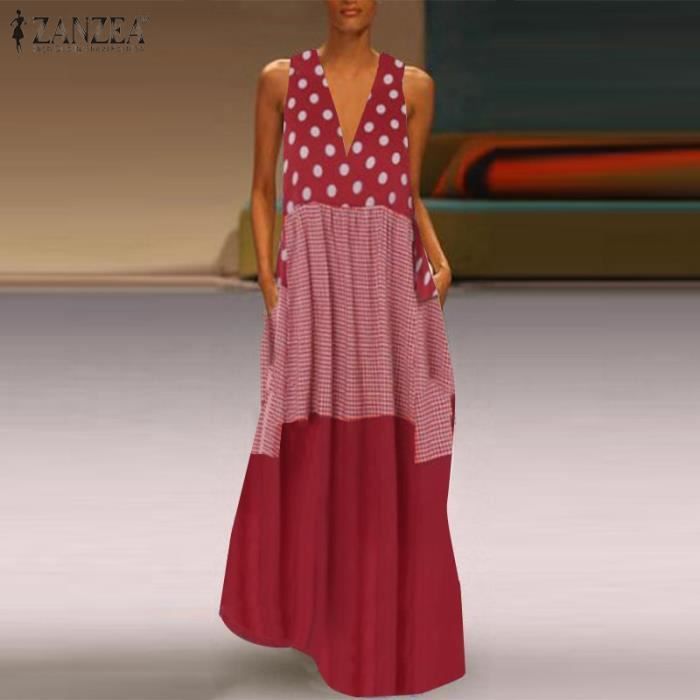 Robe Zanzea 2021 Vintage Couleur Couture Robe Maxi Femmes Dété Robe D