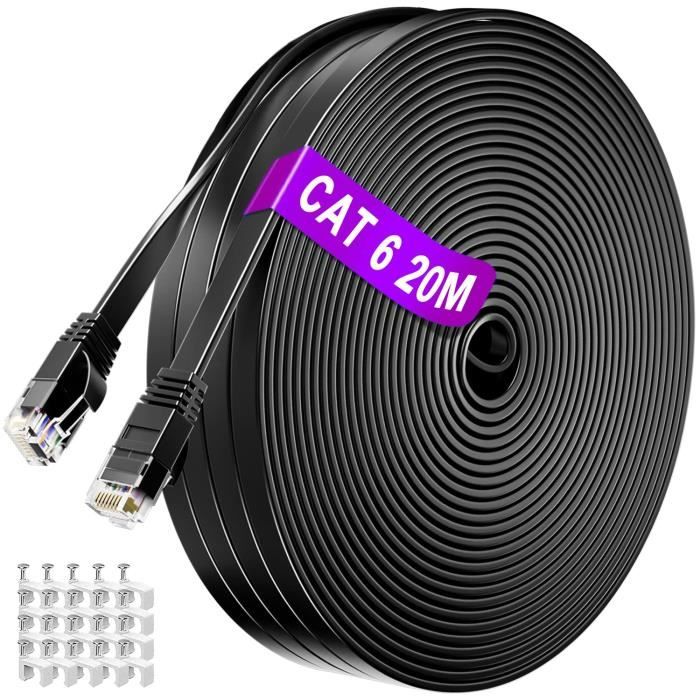 Cable Ethernet Cat6 20m, Plat RJ45 Cable Réseau Haute Vitesse Gigabit ...