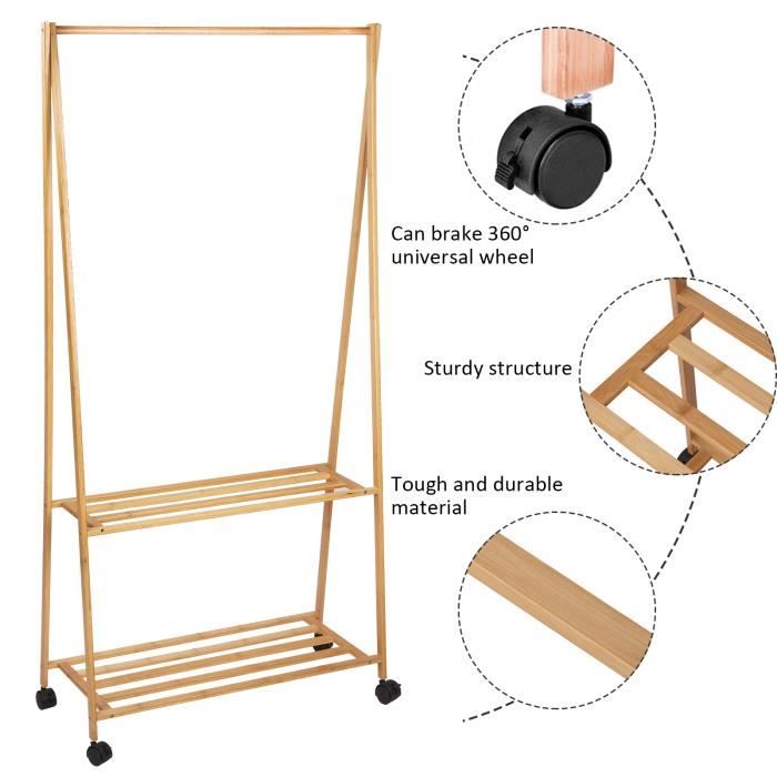 VINTEKY® Penderie/Portant à vetement solide en bois bambou, avec 2 ...