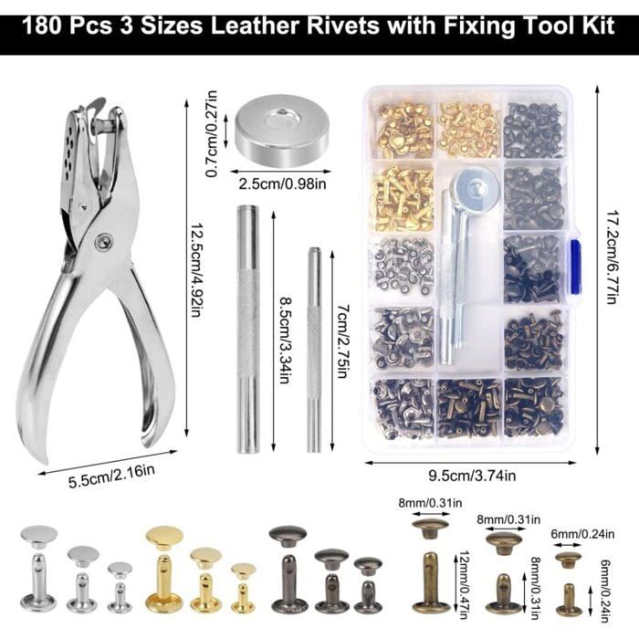 Rivets en Cuir 180 Pièces 3 Tailles Double Rivet Goujons Tubulaires en ...