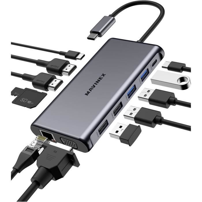 Hub USB C 12 en 1, Adaptateur USB C Multiport à Triple Affichage avec ...