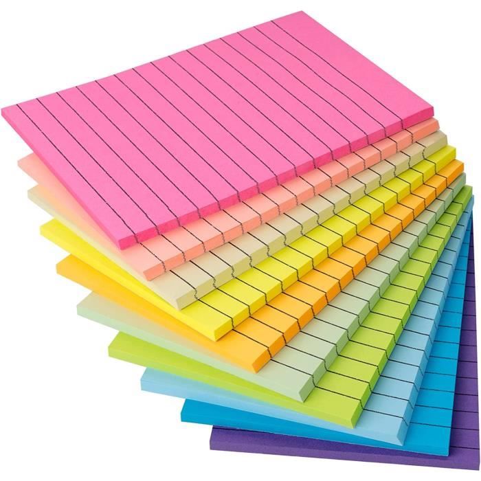 10 Super Sticky, 100 x 150 mm Notes Autocollantes de 10 Couleurs, Blocs ...