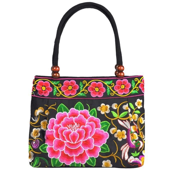 Femme Sac à Main Toile Fleur Exquise Broderie Sac à Main avec Perle en ...