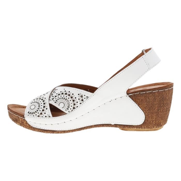 Nu-pieds - Karyoka - Cuir - Talon compensé haut - Blanc Blanc ...