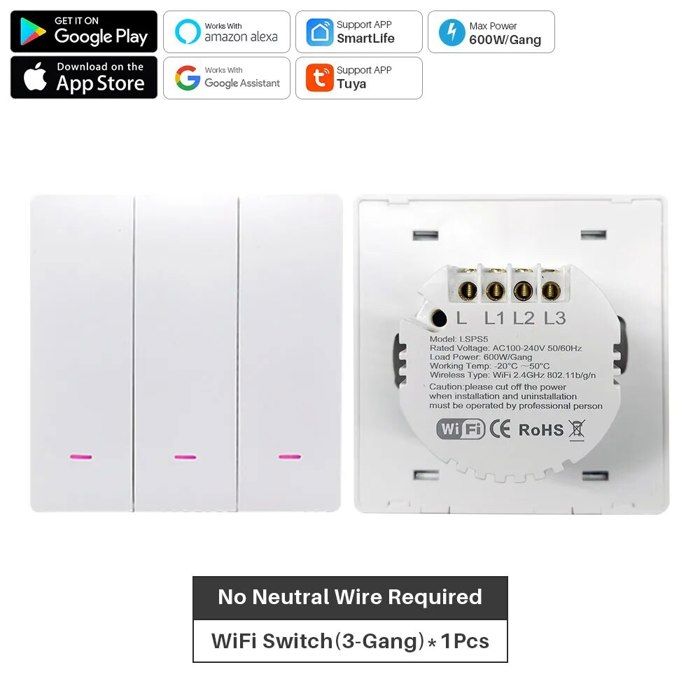 Interrupteur Wifi intelligent Tuya 220V sans fil neutre requis 1/2/3 ...
