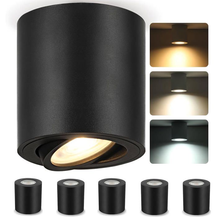 ZIZZLER Lot de 6 Spots Plafond Noirs GU10, 6.5W 550lm, Orientables, 3 ...