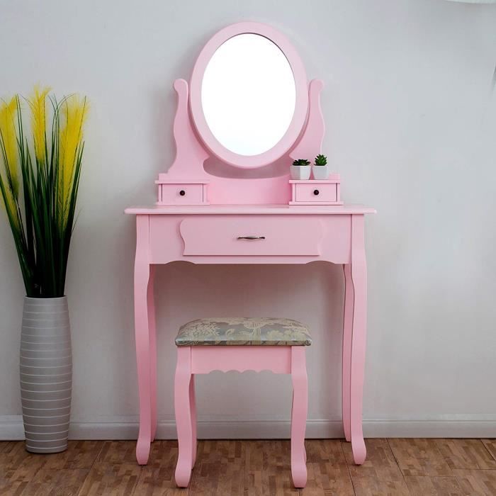 Coiffeuse rose avec 3 tiroirs, miroir ovale et tabouret pour se ...
