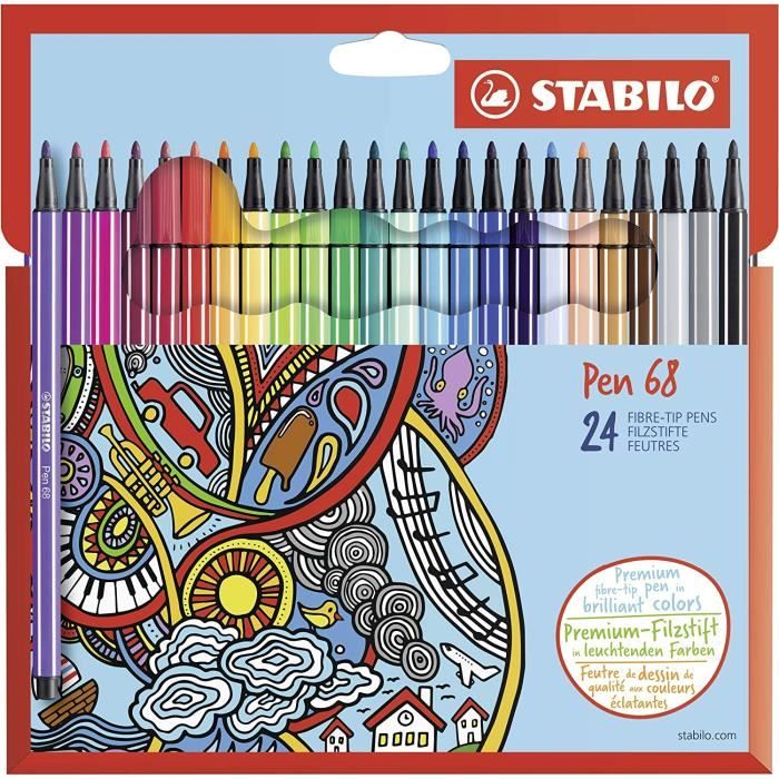 Feutre dessin - Pen 68 - Étui carton x 24 feutres de coloriage pointe ...