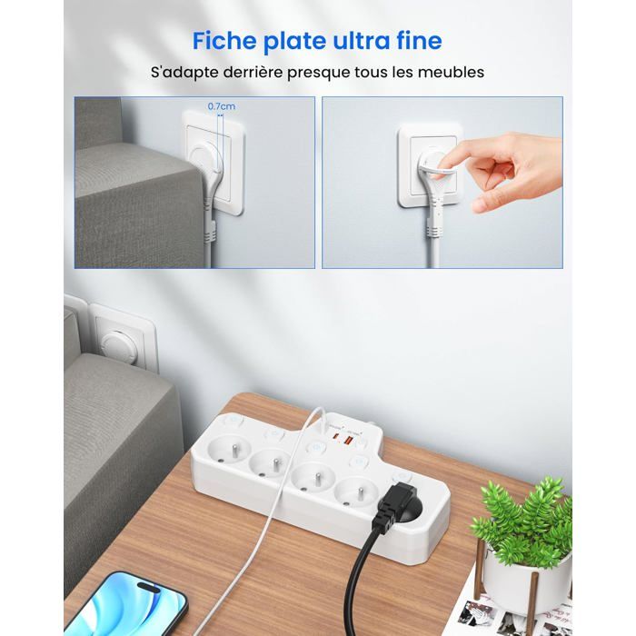 Multiprise plate, 5 prises (16 A) avec interrupteurs individuels, 2 ...