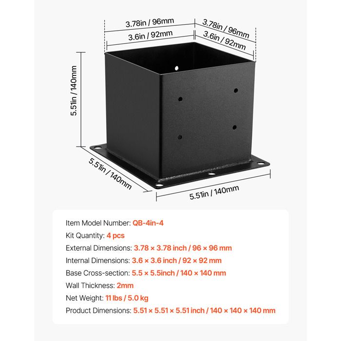 Support de Poteau en Bois - DUOKU - 89x89 mm - Lot de 4 - Acier au ...