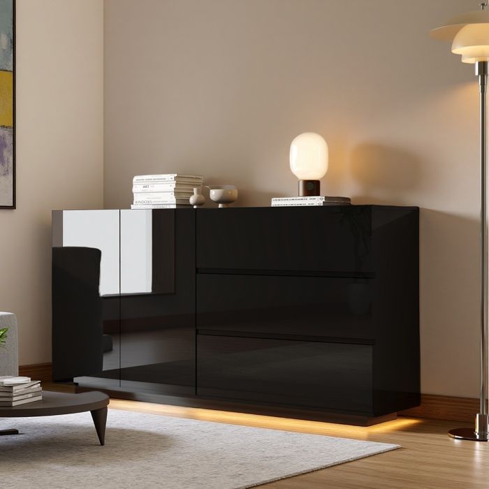Buffet Moderne, Buffet bahut avec 3 tiroirs 2 portes, 160x35x76 cm, LED ...