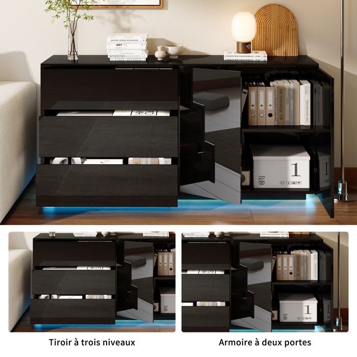 Buffet Moderne, Buffet bahut avec 3 tiroirs 2 portes, 160x35x76 cm, LED ...