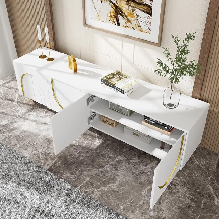 Meuble TV lowboard avec portes structurées décorations dorées pieds ...