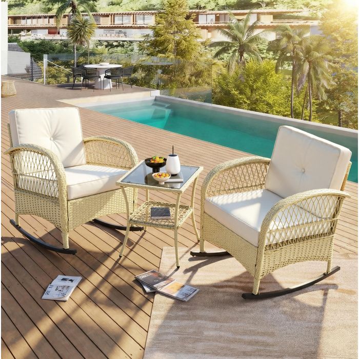 Ensemble 3 pièces pour balcon en rotin, fauteuil balançoire beige avec ...