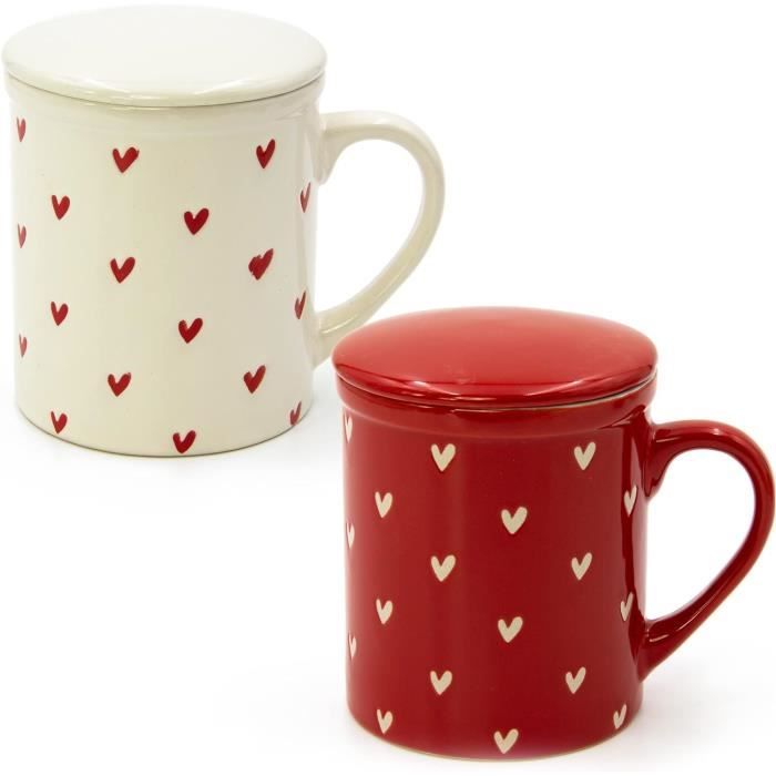 Lot De 2 Tasses En Porcelaine Avec Motif Cœur - Avec Couvercle Et ...