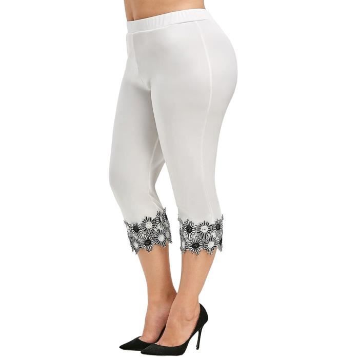 Minetom Pantalon Capri Femme été Pantalon Stretch en Dentelle Taille Haute 3-4 Longueur Leggings ...