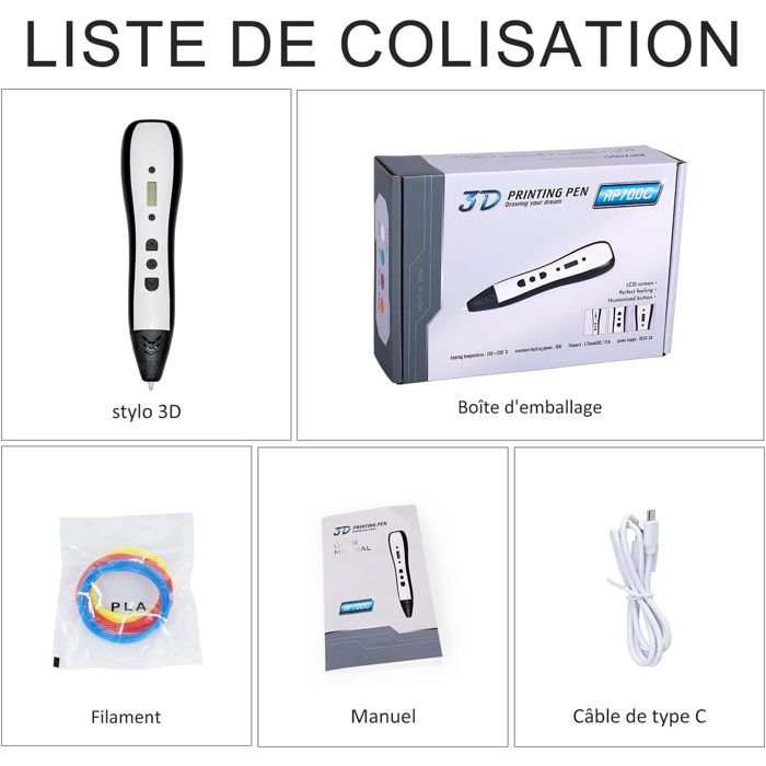 Stylo 3D avec Écran LCD et Filament PLA 1,75 mm - Pour Bricoleurs ...