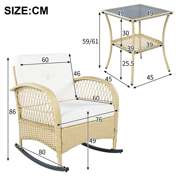 Ensemble 3 pièces pour balcon en rotin, fauteuil balançoire beige avec ...