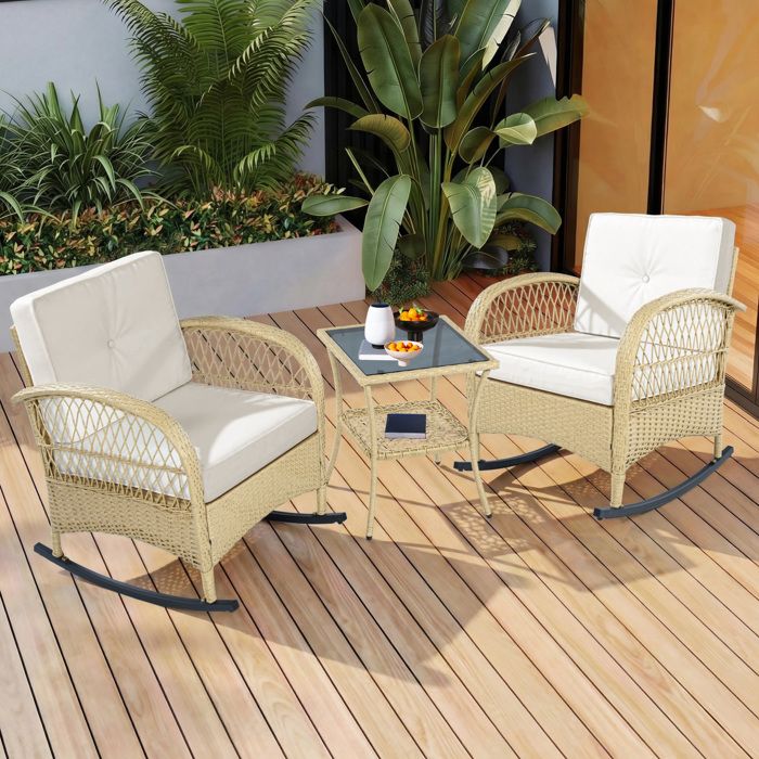 Ensemble 3 pièces pour balcon en rotin, fauteuil balançoire beige avec ...