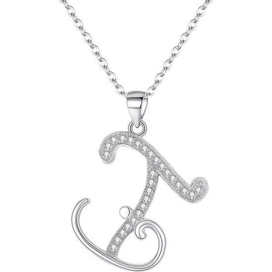 Collier Lettre Écriture Cursive Argent 925 Zircon Pendentif Alphabet Initial Abréviation Cadeau ...