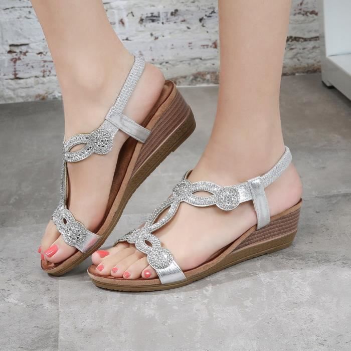 Femmes Strass Vintage Sandales Compensées Chaussures Bohème Casual Rome ...