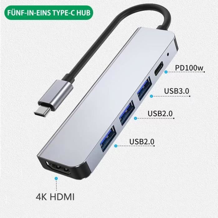 Hub USB C 5 en 1 avec PD 100 W, HDMI 4 K, 3 ports de données USB A ...