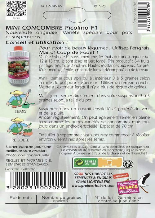 10 Graines de Mini-Concombre Picolino F1 Spécial Suspensions.[G367 ...