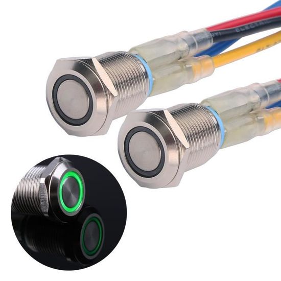 2× 12Mm Interrupteur À Bouton-Poussoir En Métal Momentané 12V À 24V 2A Avec Lumière Led Ip66 1No ...