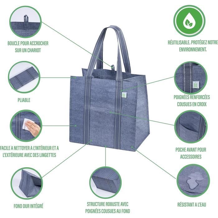 VENO Lot de 4 Sacs de Courses et Cabas Réutilisables, Base Renforcée, Poche Frontale, Tote Bag ...