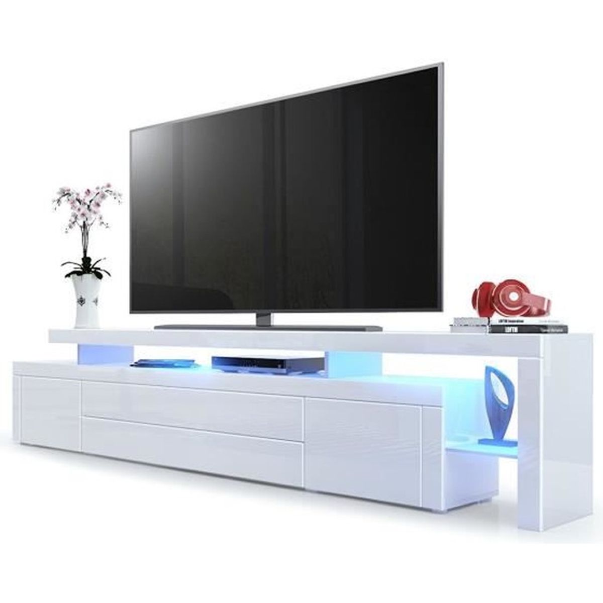 Meuble TV bas en Blanc haute brillance avec l'éclairage LED - Cdiscount ...