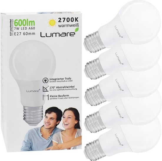 Ampoule LED E27 7W Remplace une ampoule de 60W 600 lumens Ampoule A60 en blanc chaud 2700K Dure ...