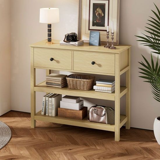 Table Console Étroite 85×35×77cm - 2 Tiroirs - 2 Étagères Ouvertes ...