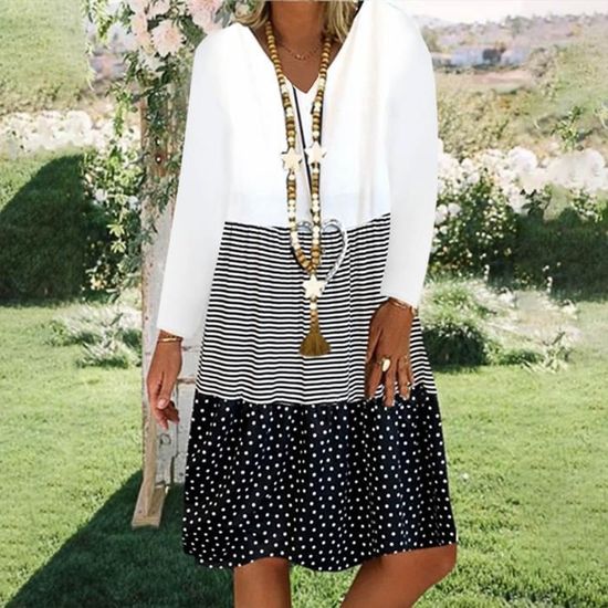 Robe longue à manches longues imprimée à col en V pour femmes Noir A2 ...