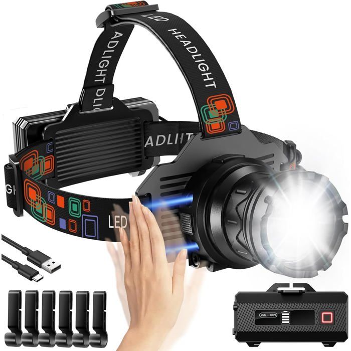 Lampe frontale rechargeable super lneuse, 3000 lm avec détecteur de ...