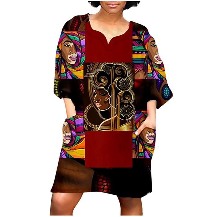 Mini robe décontractée à col en V à manches moyennes et à imprimé ...