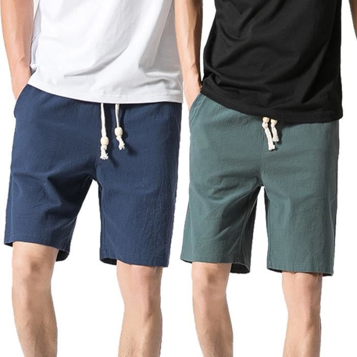 Lot de 2 Short Homme en Lin Coupe Large Décontracté Léger Short Hommes ...