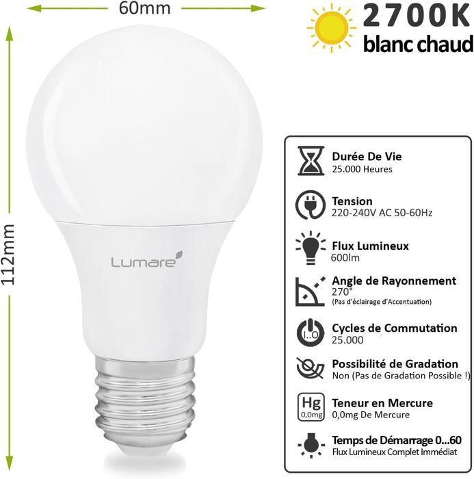 Ampoule LED E27 7W Remplace une ampoule de 60W 600 lumens Ampoule A60 en blanc chaud 2700K Dure ...