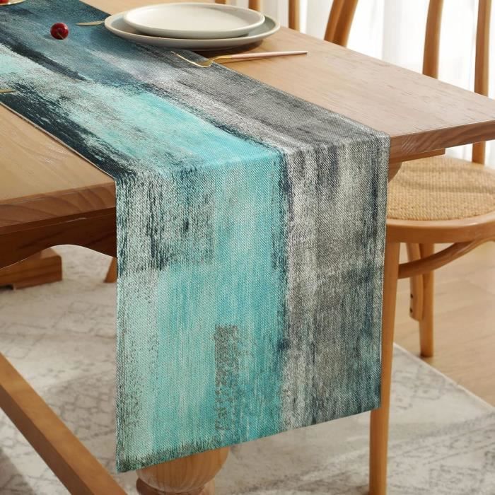 Chemin De Table En Lin Double Couche Bleu Turquoise Et Gris - Nappe ...