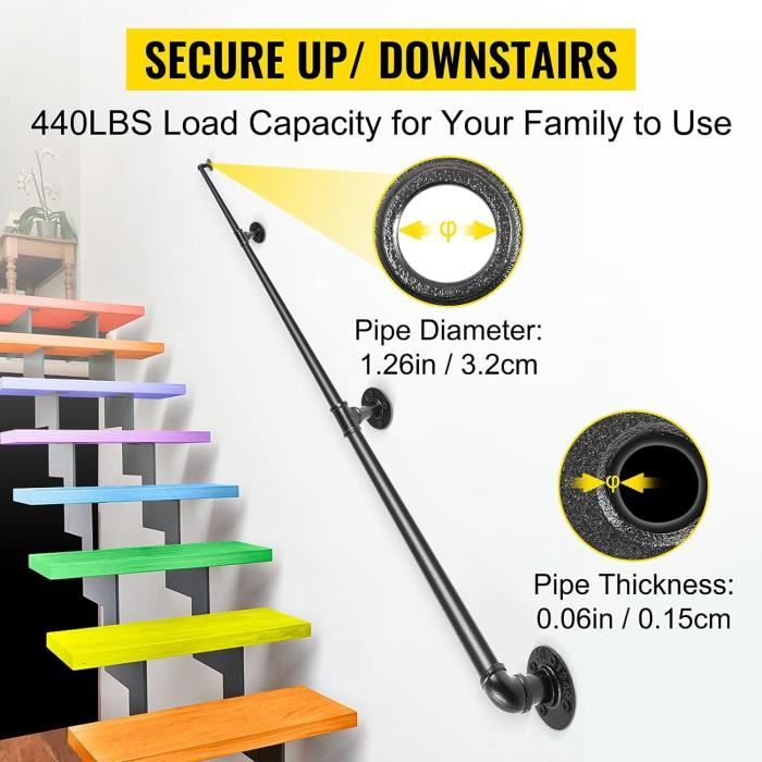 VEVOR Rampe Escalier Murale 2,7 m Main Courante Acier Carbone Garde ...