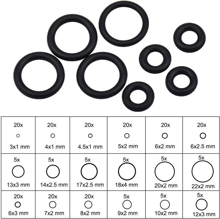 225PCS 18 Tailles Kit Joint Torique Assortiment en Caoutchouc, 3mm-22mm ...