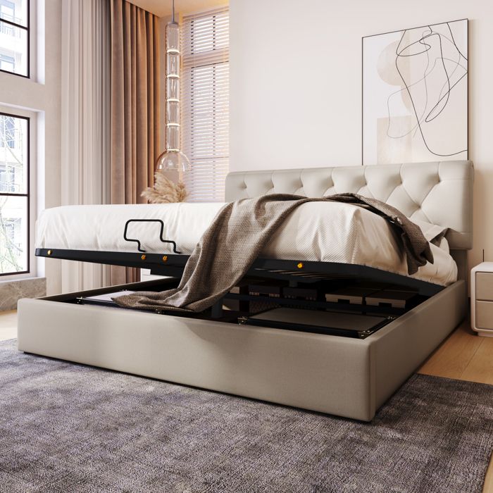 CREAHAPPY Lit double hydraulique 160x200cm lit rembourré,tête de lit ...