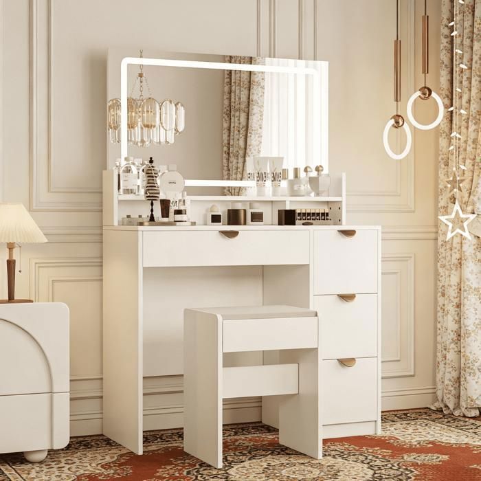 Coiffeuse avec miroir LED et tabouret, Coiffeuse blanc moderne avec 4 ...