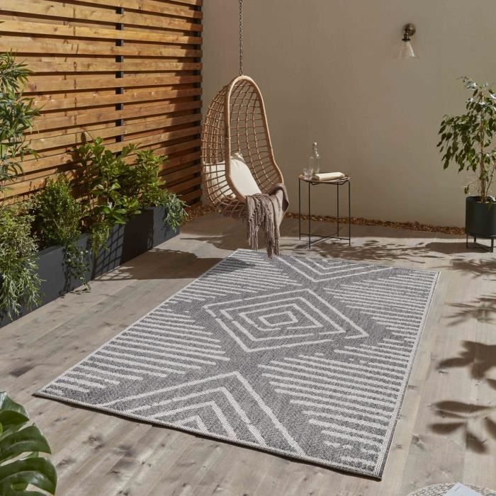 Tapis Extérieur/Intérieur Tissé Plat - Gris & Crème - ARUBA - Berbère - Rayures - 200 x 290 cm ...