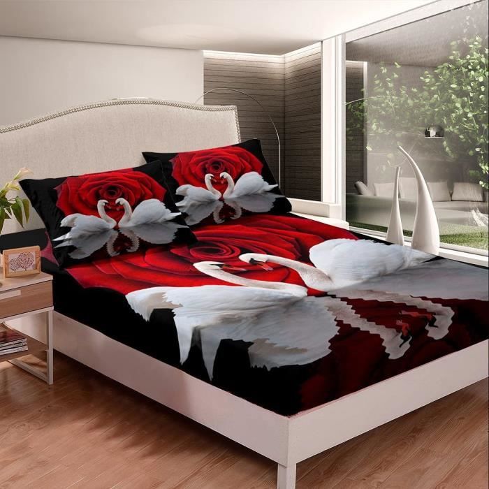 VKDF-8Parure de lit en forme de cygne blanc et de Rose rouge ensemble ...
