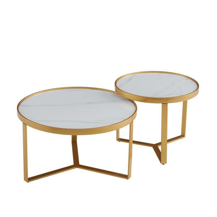 Table Basse gigogne ronde marbre blanche salon moderne -P 80 x H 43 cm ...