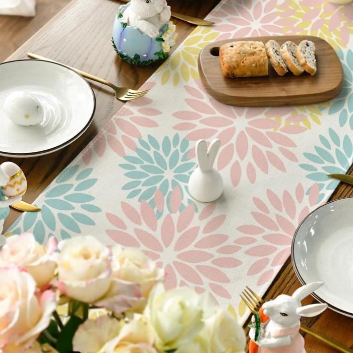 Chemin De Table De Pâques - Motif Dahlias Et Fleurs Roses Et Bleus ...