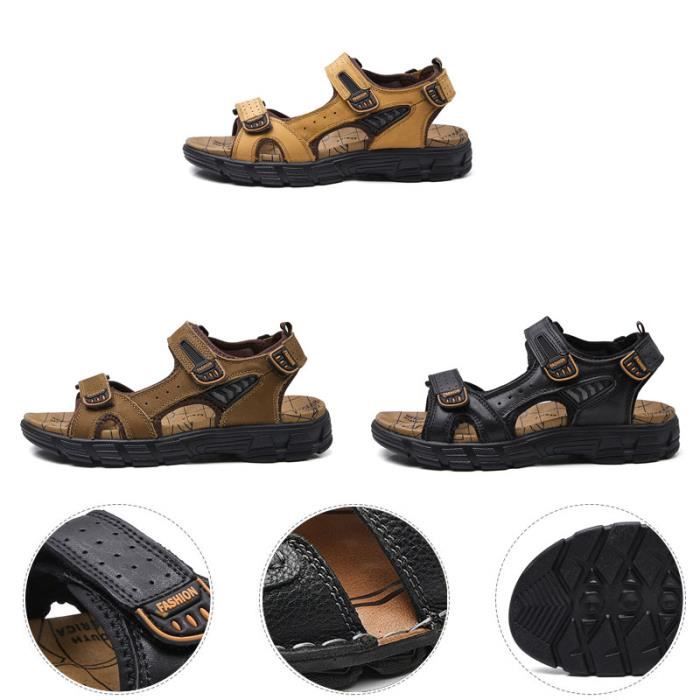 Sandales Homme Cuir Bout Ouvert Scratch Sandales de Randonnée Ete pour ...